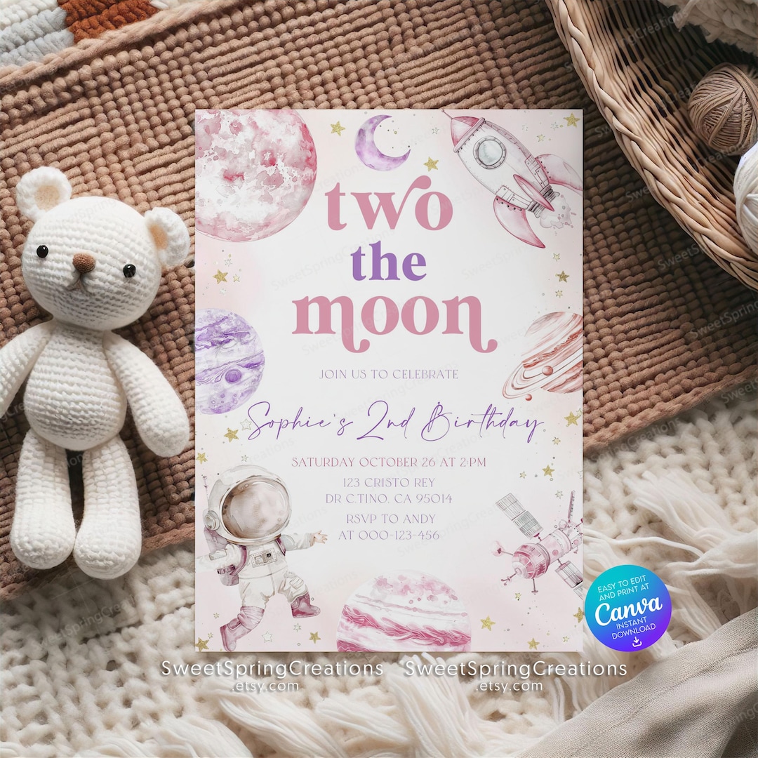 Two the Moon Birthday Party Invitation, Two the Moon Party, Pastel ...