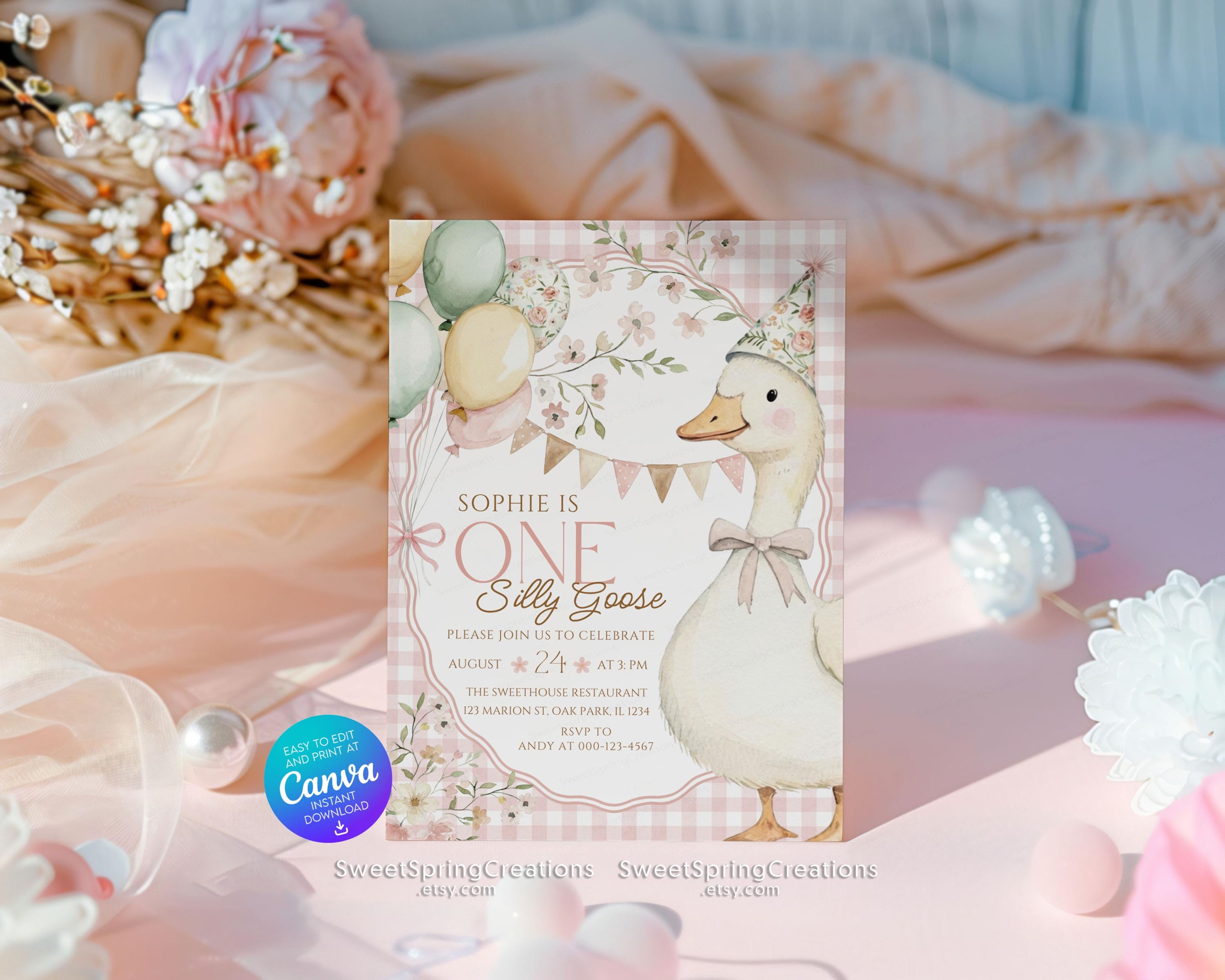 Editable Pink Gingham Silly Goose 1st Birthday Invitation Template SSC ...
