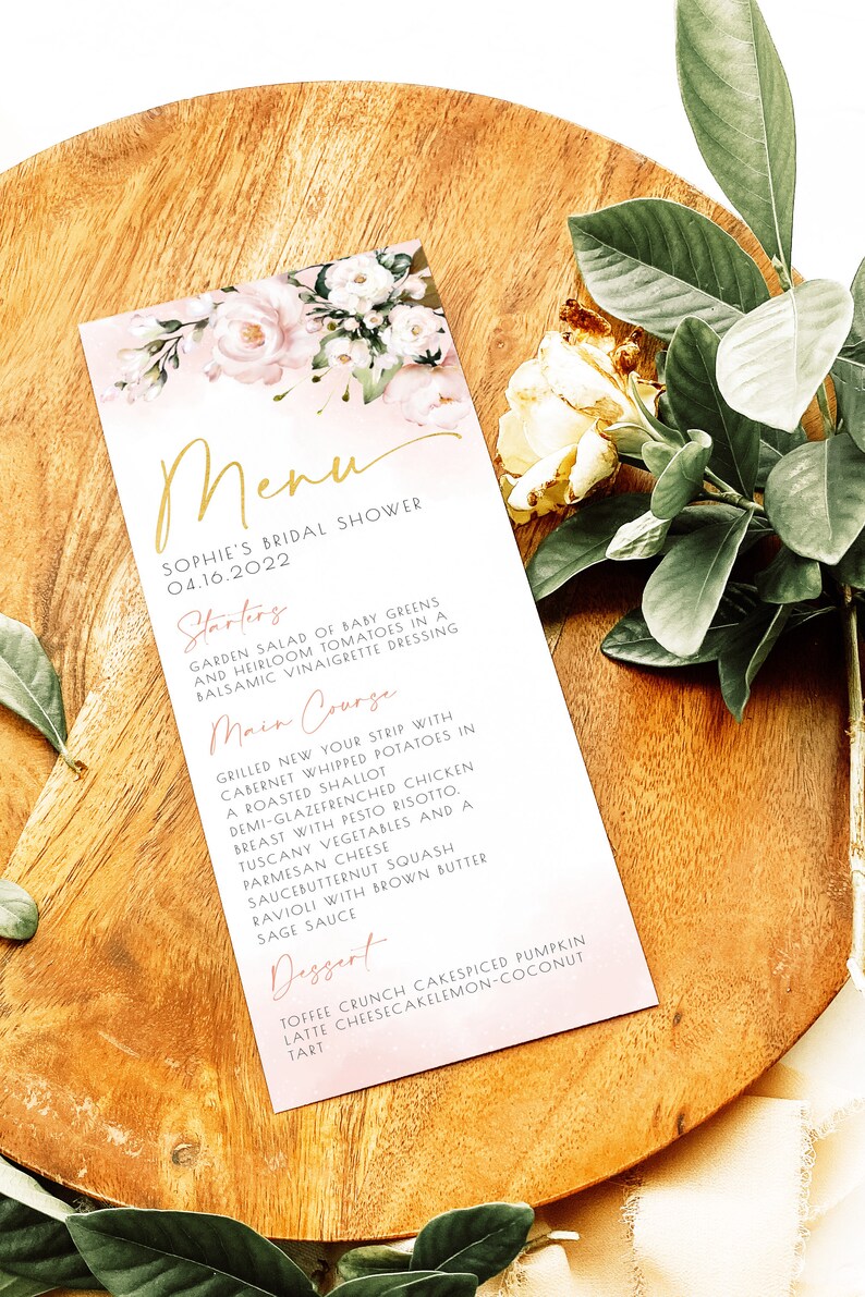 Blush Pink Floral Roses Flowers Menu Printable, Blush Pink Flowers Menu ...
