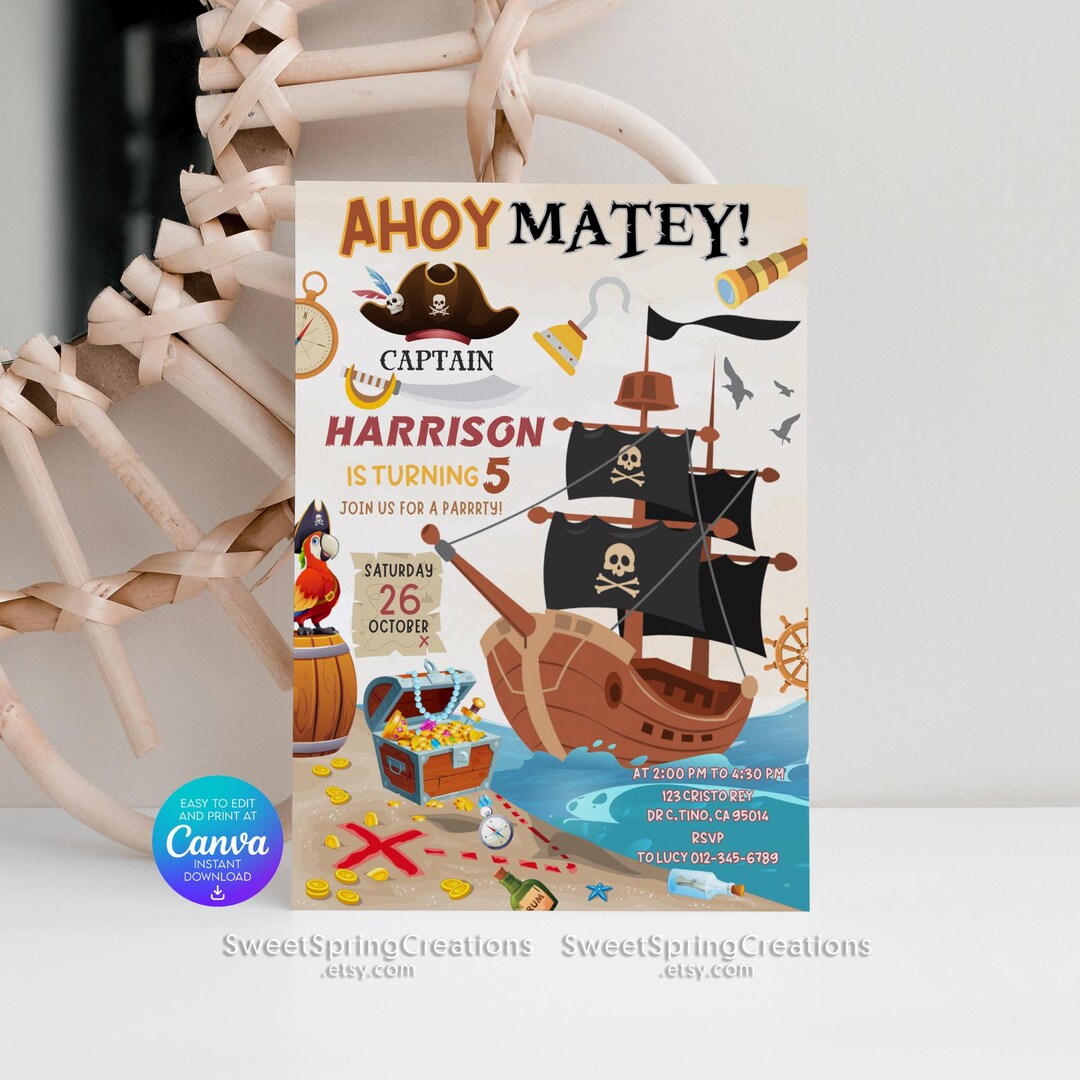 Editable Ahoy Mateys Pirate Birthday Invitation Template, Pirate ...