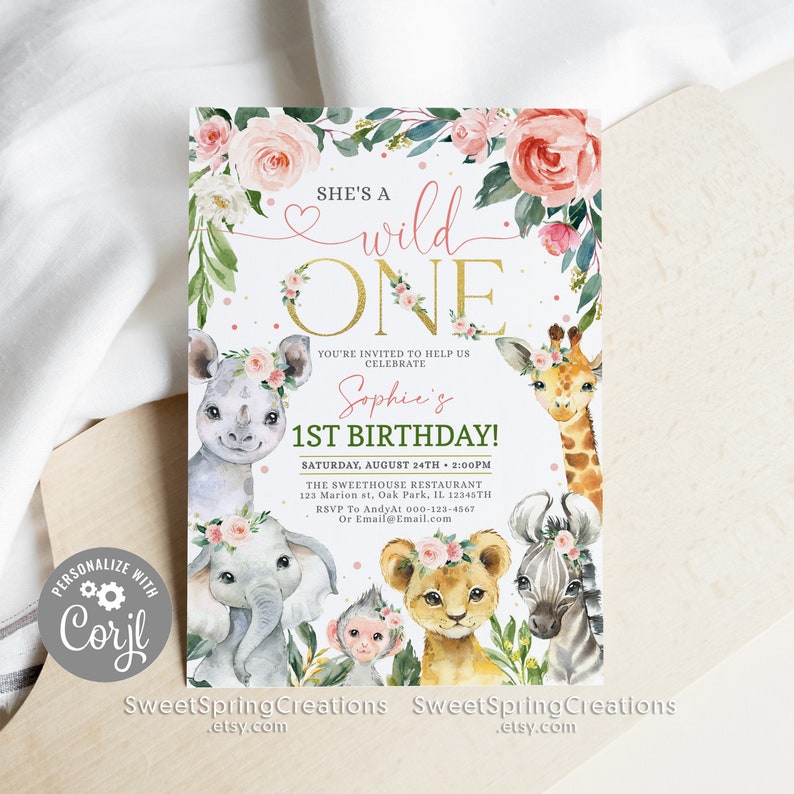 Safari Birthday Invitation Girl Wild One Invitation Printable - Etsy