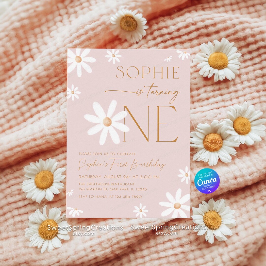 Daisy First Birthday Party Invitation Template, Boho Daisy Invitation ...