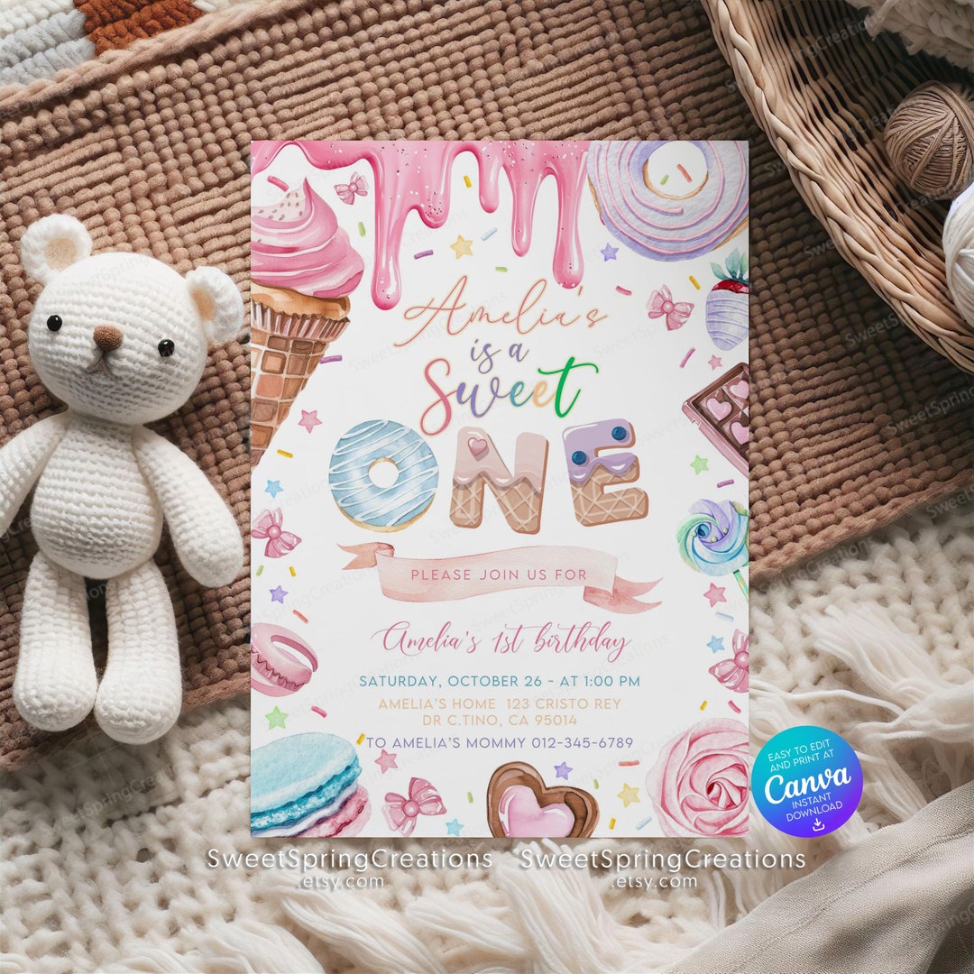 Sweet One Birthday Invitation Template, 1st Birthday Girl Invitation ...