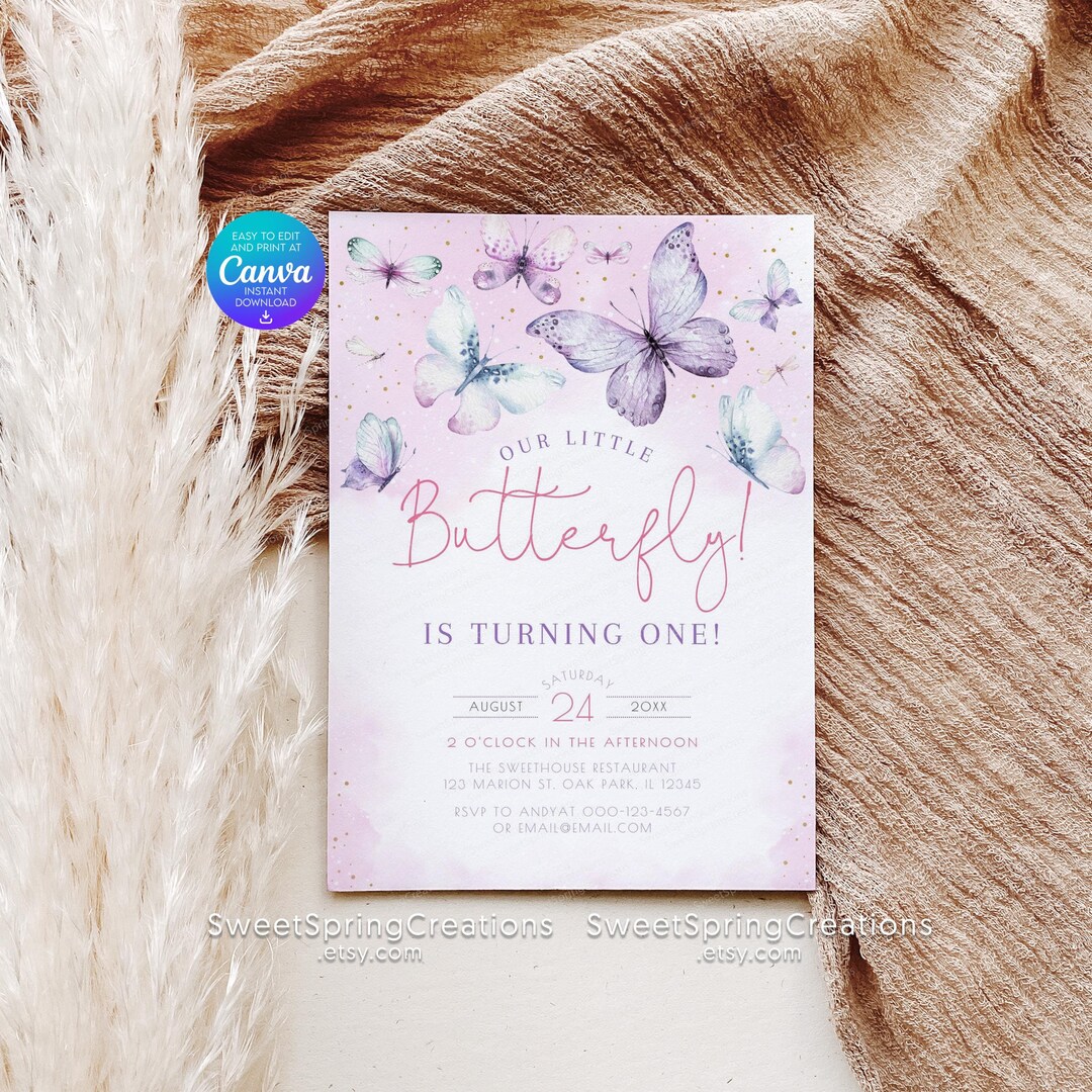 Our Little Butterfly is Turning One 1st Birthday Invitation Template ...