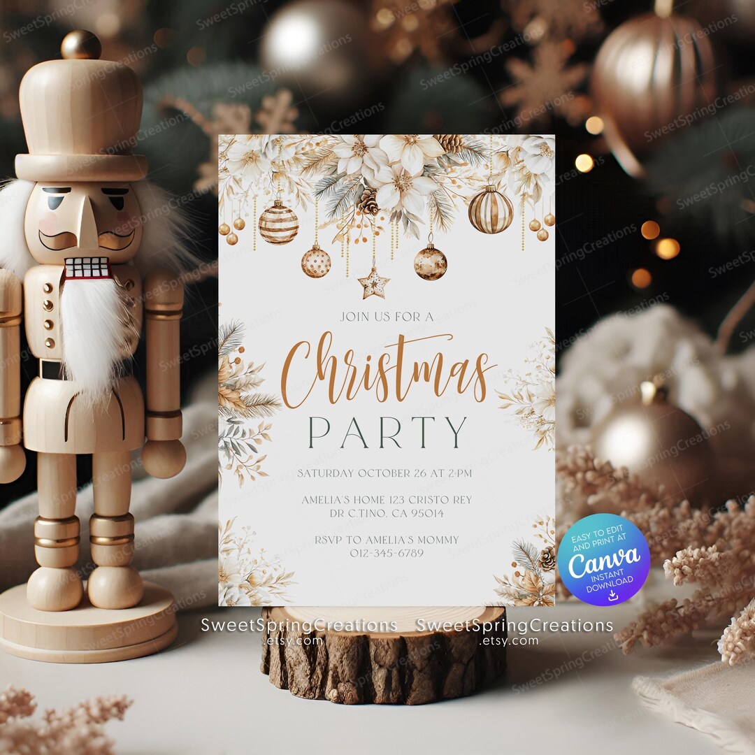 Boho Christmas Party Invitation: Gold Baubles Festive Invite (canva ...
