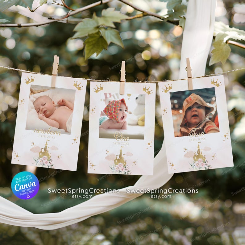 Princess 1st Birthday Photo Banner Template: Monthly Milestone Cards ...