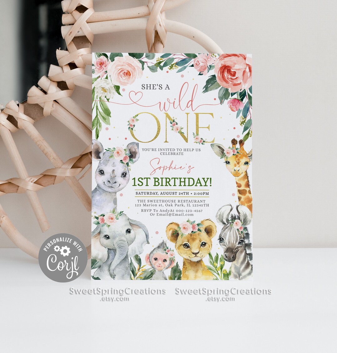 Safari Birthday Invitation Girl Wild One Invitation Printable - Etsy