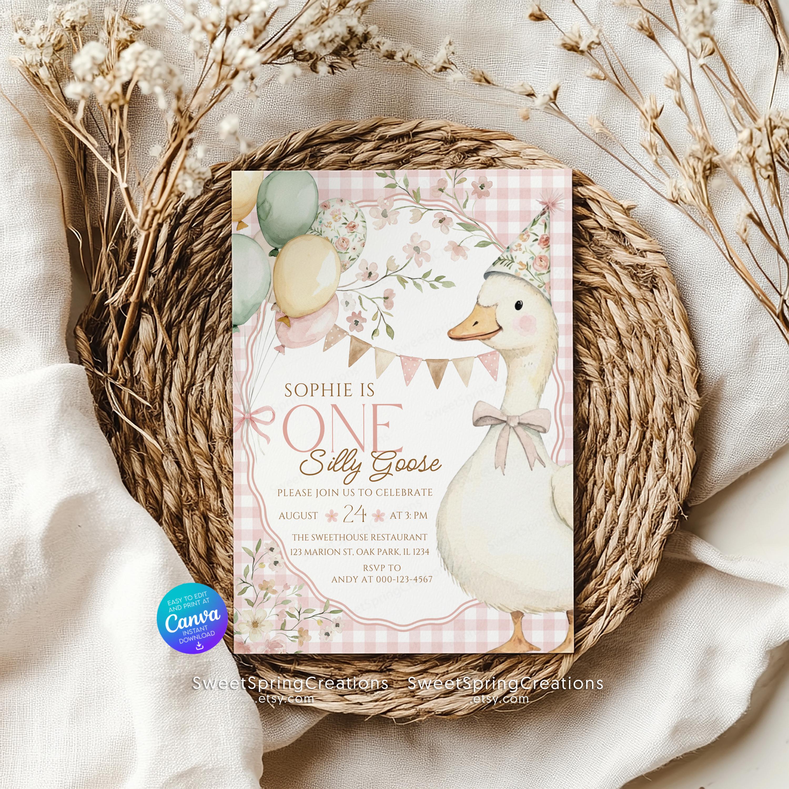 Editable Pink Gingham Silly Goose 1st Birthday Invitation Template SSC ...