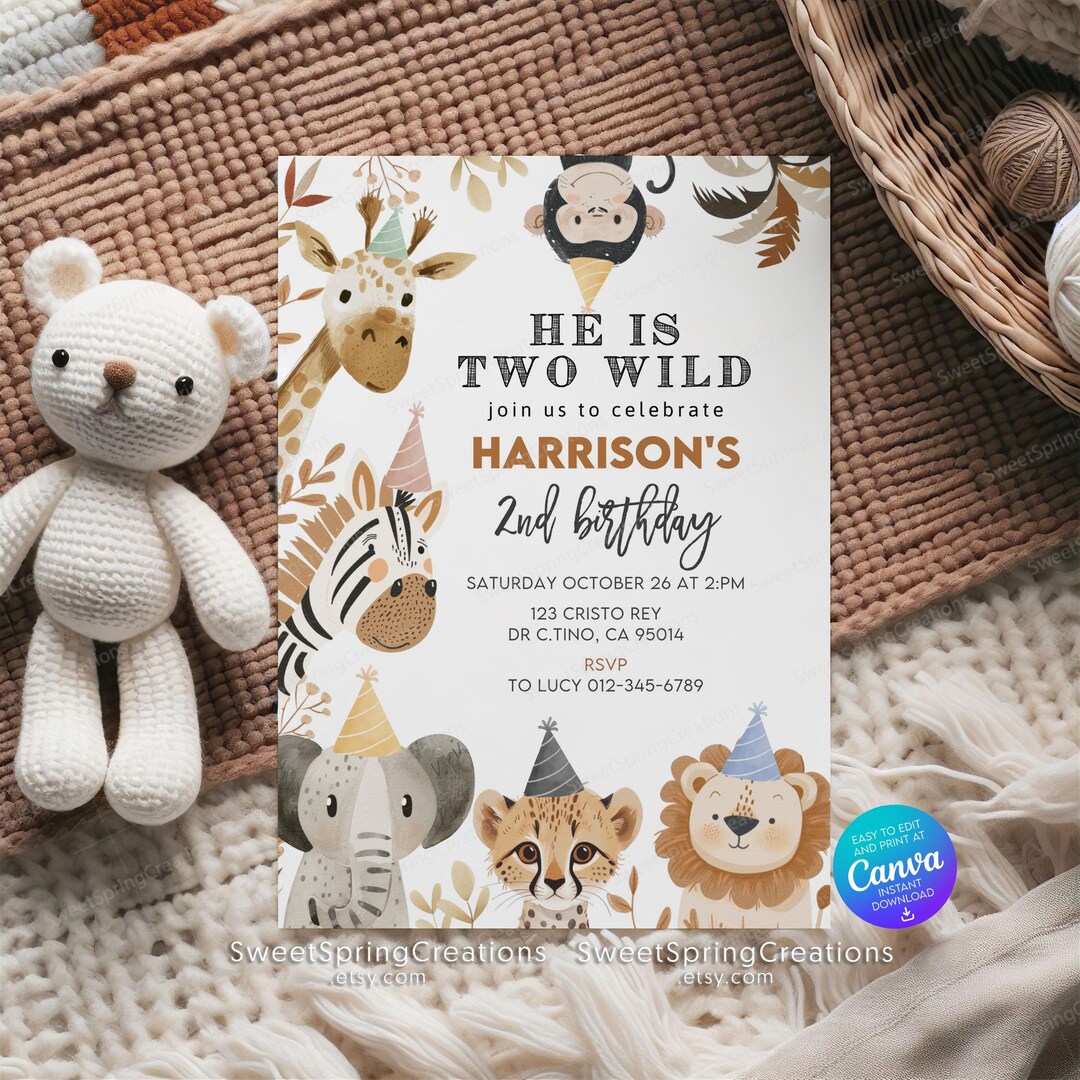 Safari 2nd Birthday Invitation: Jungle Animals Two Wild Party, Boho ...