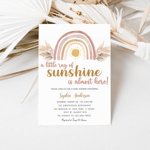 A Little Ray of Sunshine Boho Rainbow Baby Shower Invitation, Boho Pampas Grass Gender Neutral ...