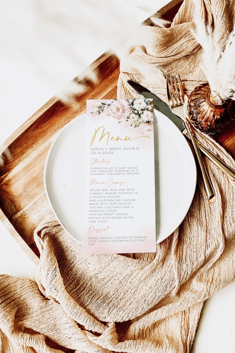 Blush Pink Floral Roses Flowers Menu Printable, Blush Pink Flowers Menu ...