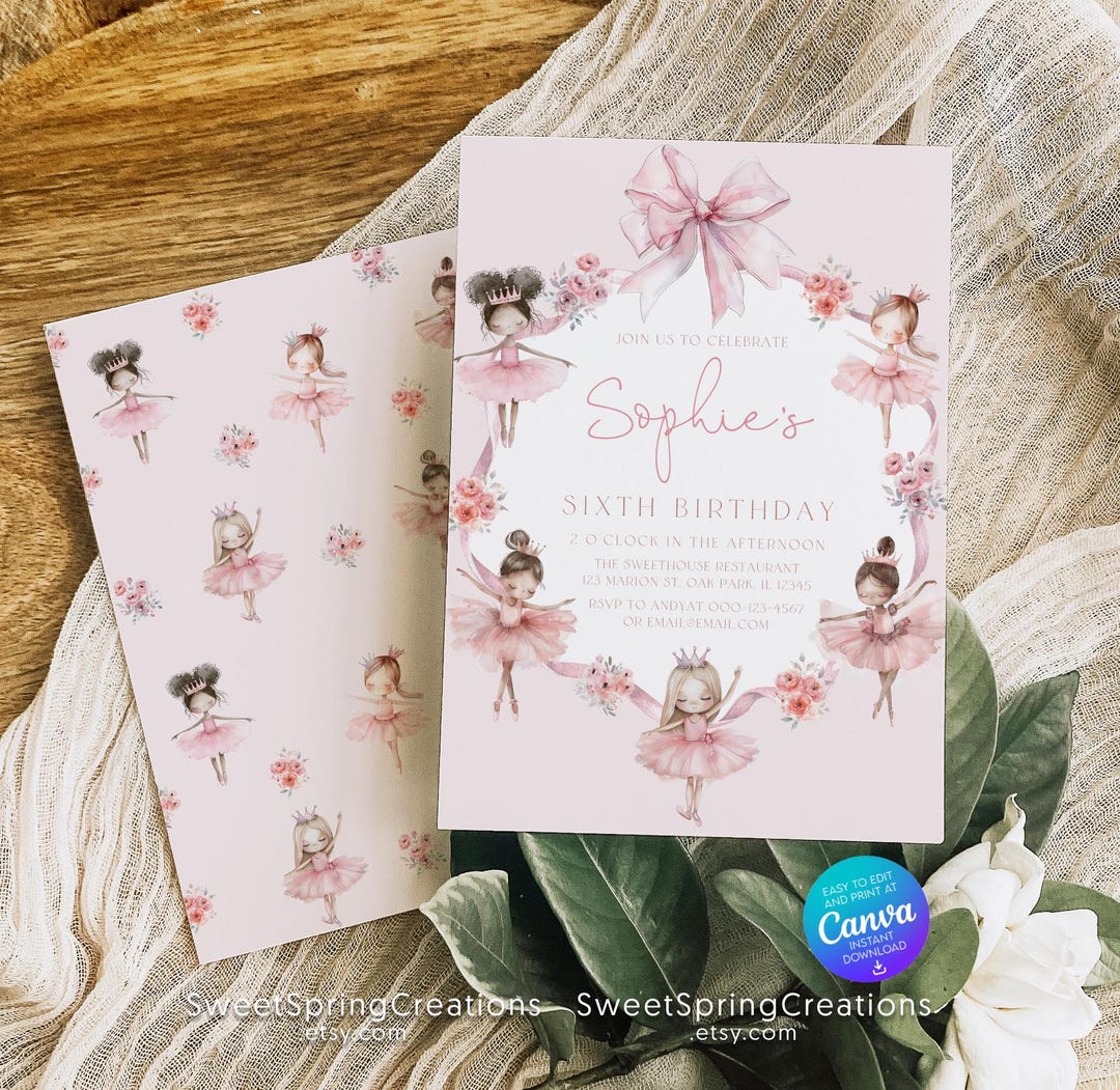 Editable Ballerina Birthday Invitation Template: Pink Ballet (canva ...