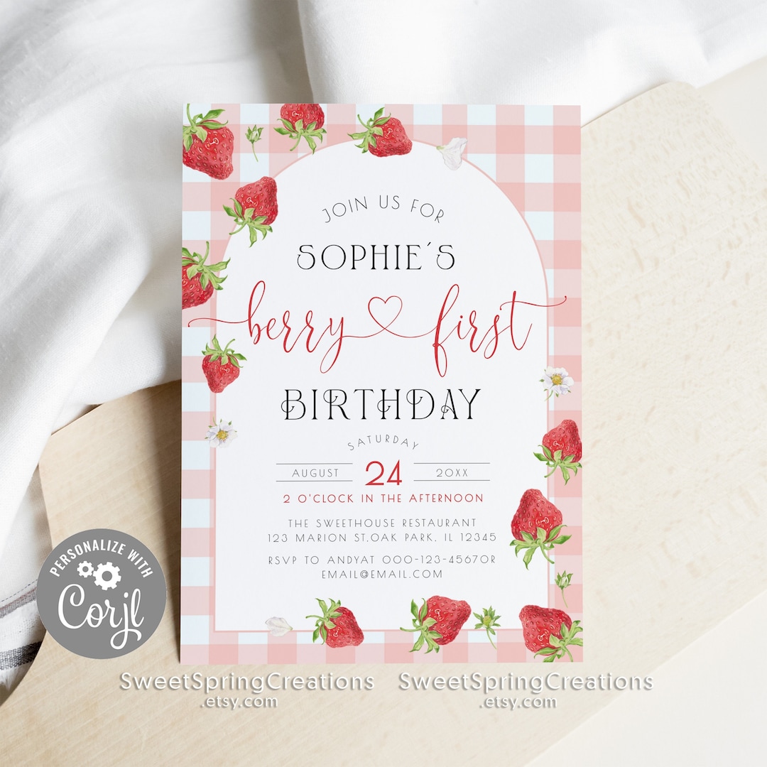Pink Gingham Berry First Birthday Invitation Template, Berry First ...
