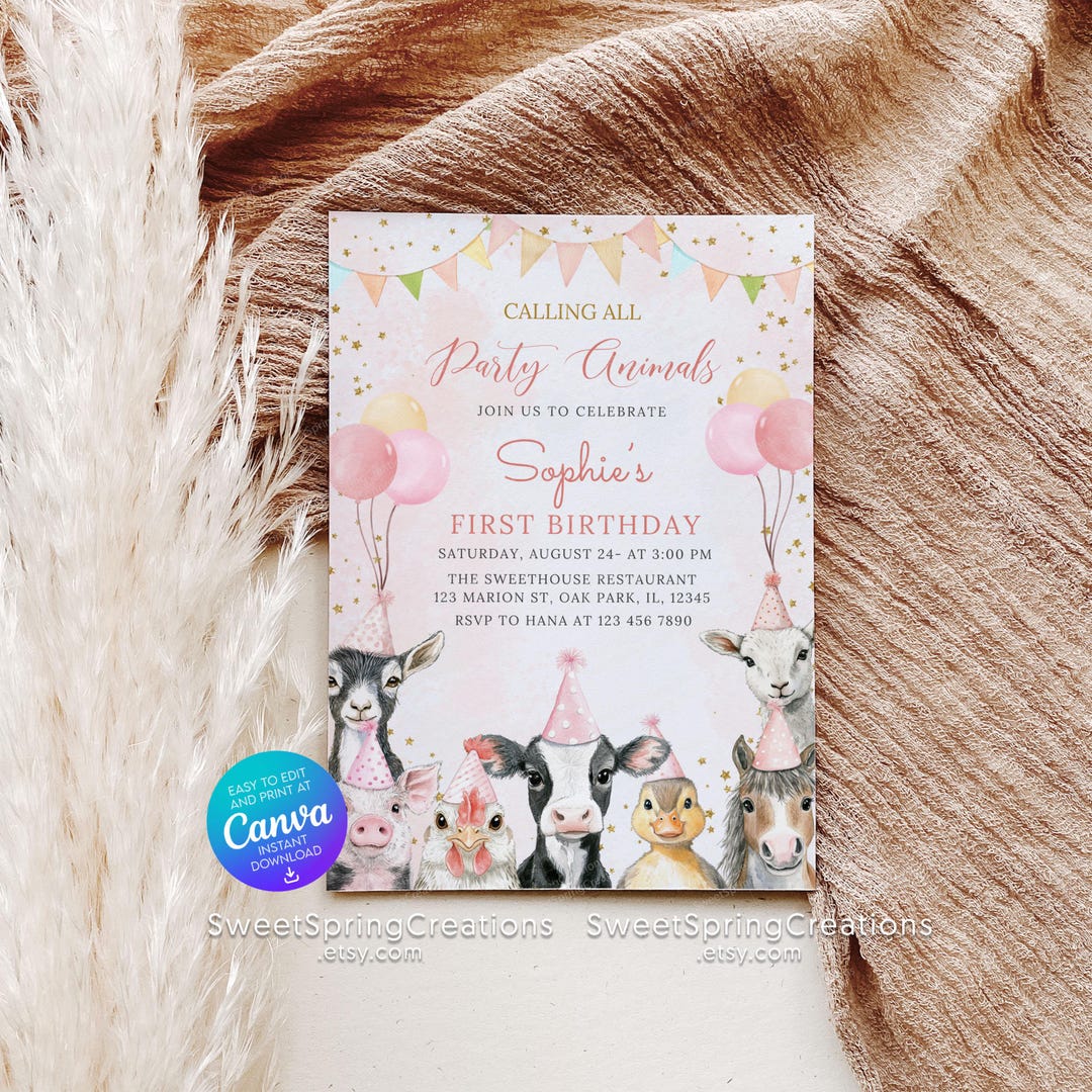 EDITABLE Pink Barnyard Party Farm Animals Birthday Invitation SSC_00157 ...