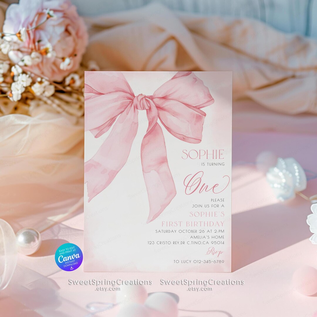 Pink Bow 1st Birthday Invitation Template Pink Coquette Bow First ...