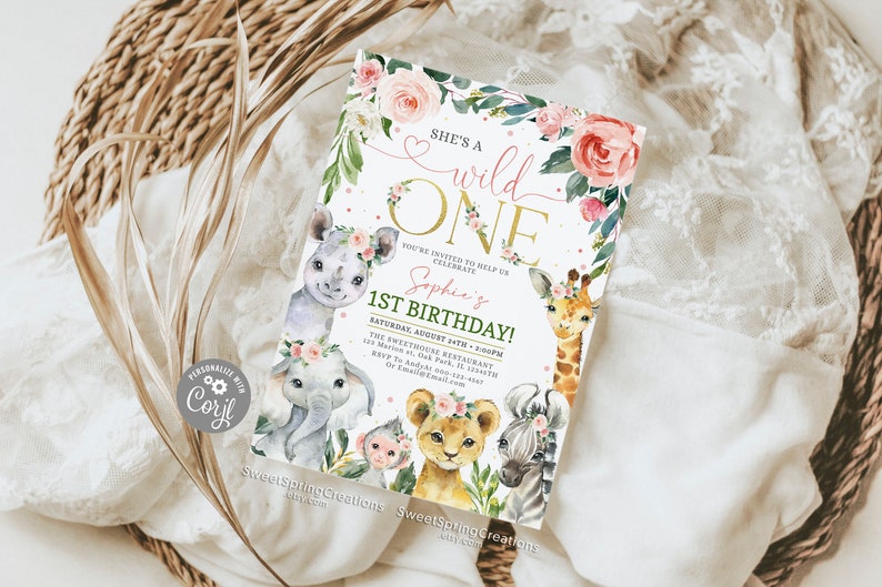 Safari Birthday Invitation Girl Wild One Invitation Printable - Etsy