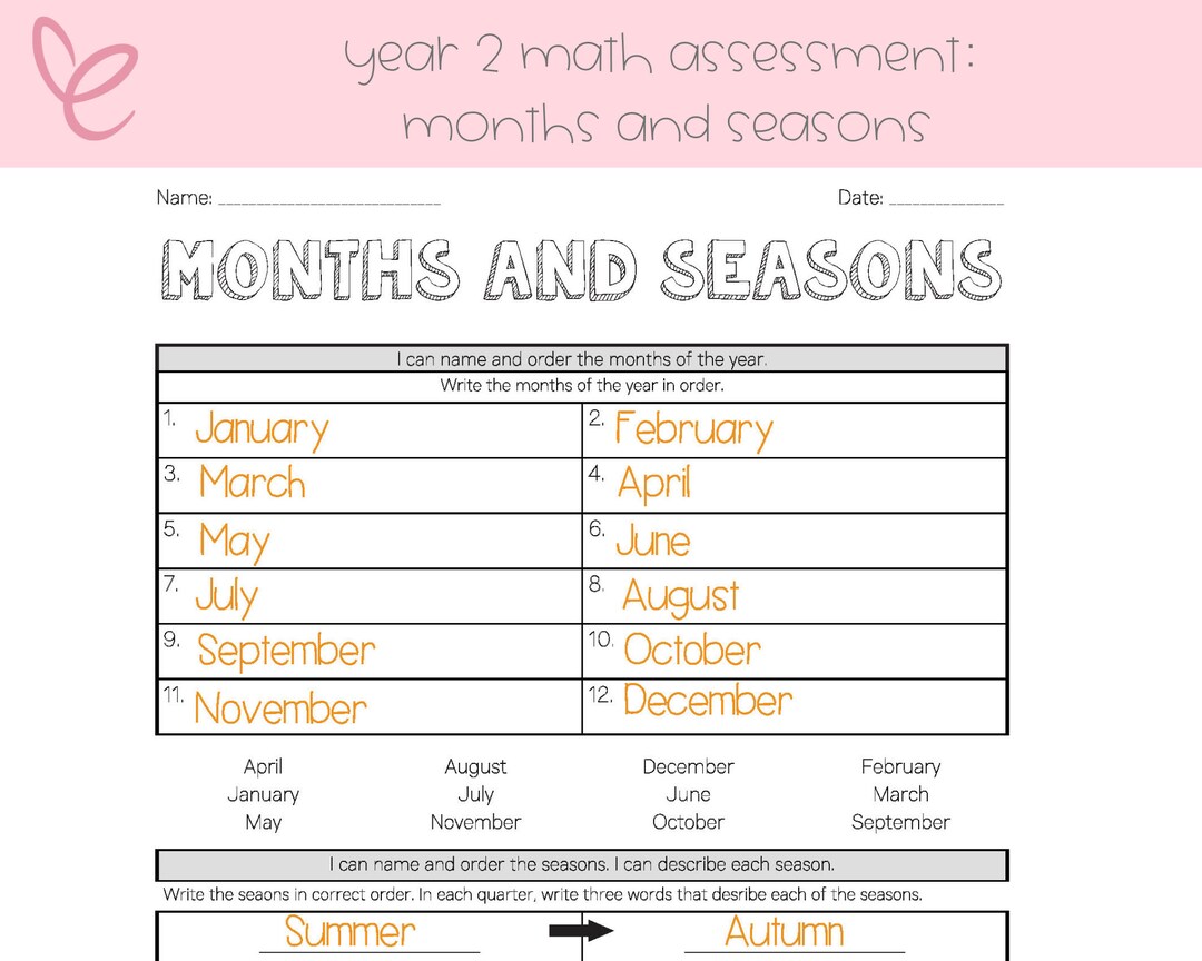 Year 2 Mathematics Assessment MONTHS AND SEASONS - Etsy