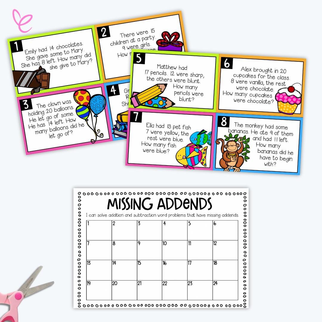 Missing Addend Word Problems Task Cards | Word Problems | Math ...