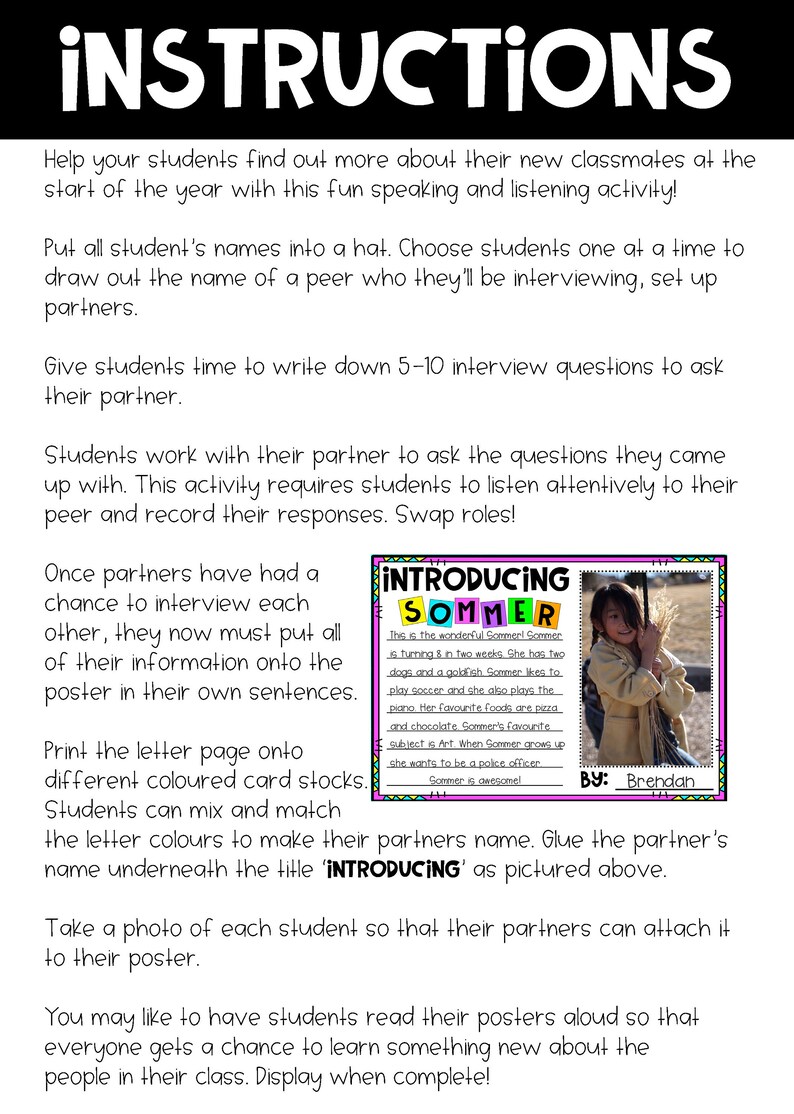 Classmate Interview Activity Back to School Activity Digital Download ...