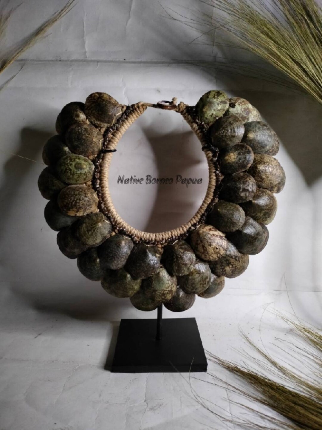 Olive Green Seashell Papua Necklace: Tribal Art Decor With Stand - Etsy