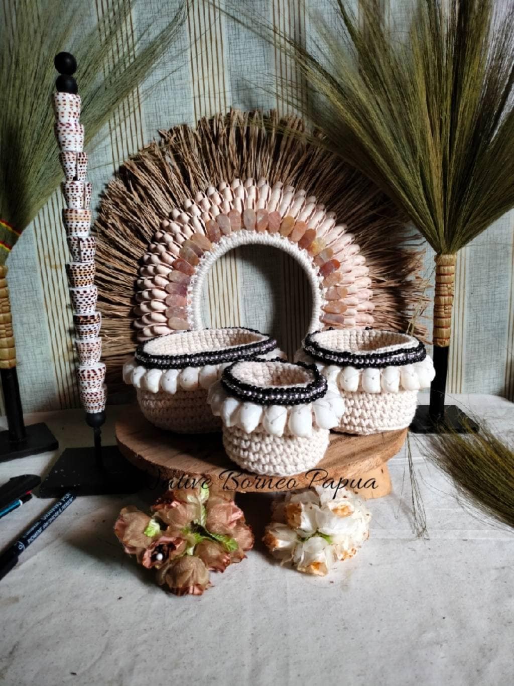 Set of 3 Baskets Papua Sea Shell Baskets,babylonia Shell Bowls, Goddess ...