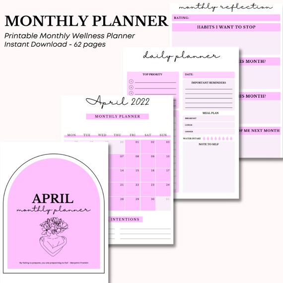 Printable April Monthly Wellness Planner PDF Purple 10 Piece | Etsy