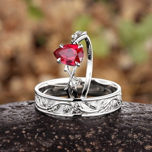 His and Hers Ruby Couple Ring Set, Plain Engagement Band, Twig Branch ...