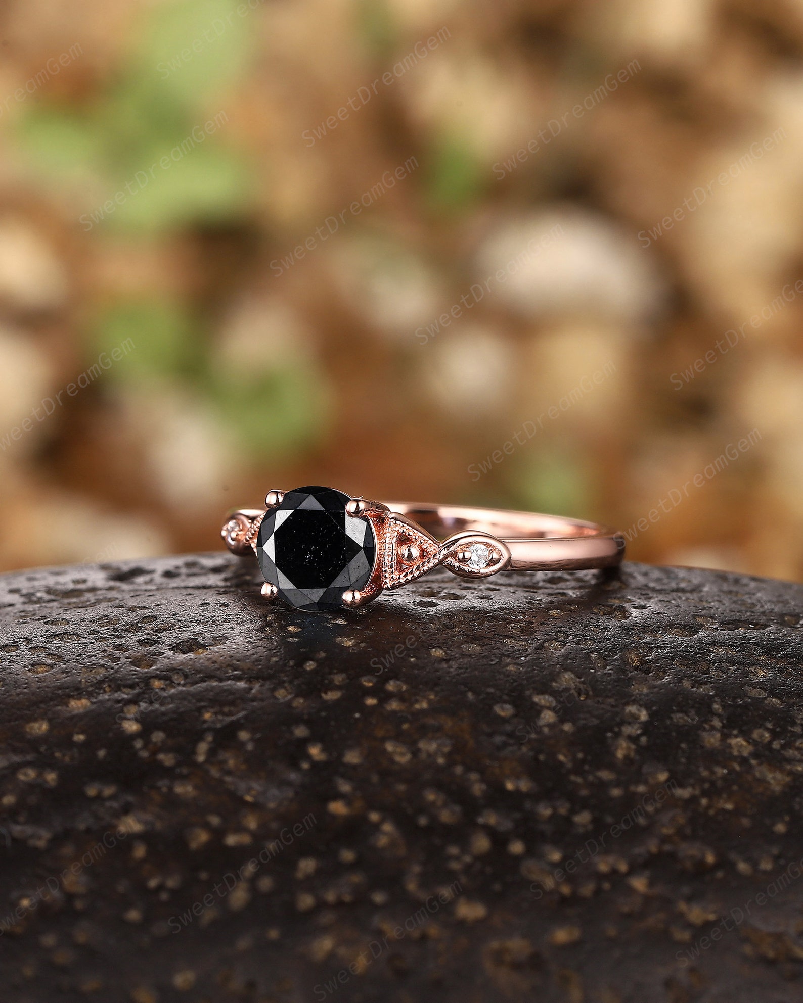 1 CT Roung Shape Natural Black Diamond Engagement Ring, Unique Infinity ...