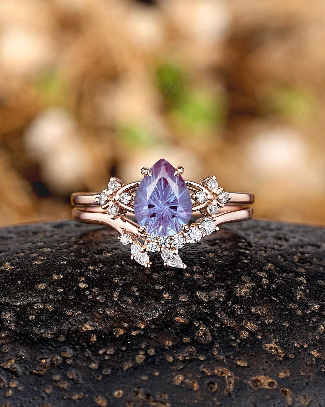 Fireworks Cut Alexandrite Engagement Ring Set 14k Gold Moissanite ...