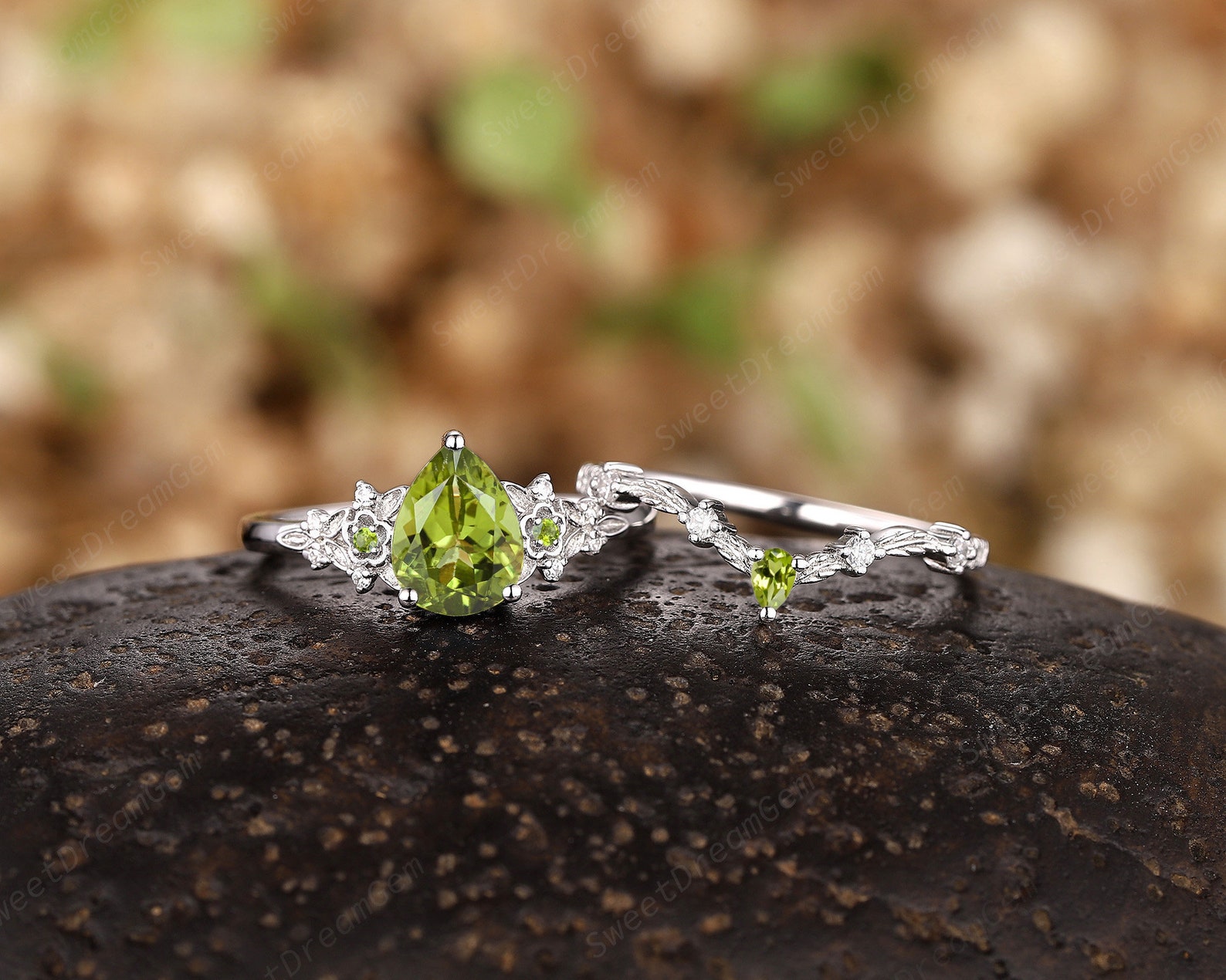 Vintage Pear Shape Natural Peridot Engagement Ring Set Unique - Etsy