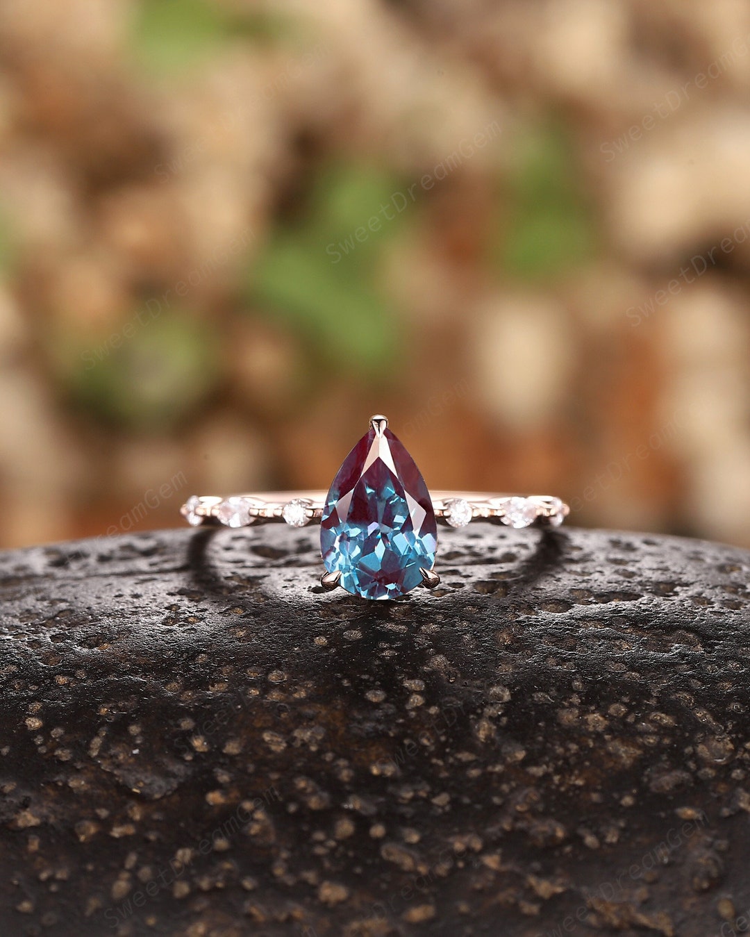 Vintage Pear Alexandrite Engagement Ring, 14K Rose Gold Hidden Halo ...