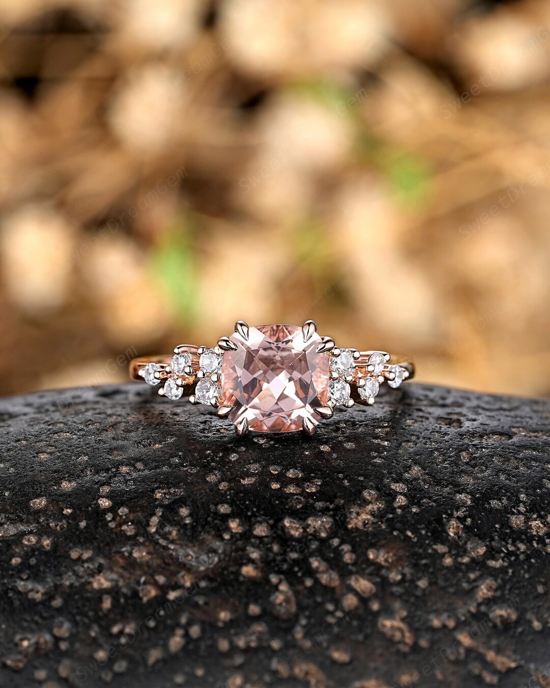 Unique Cushion Cut Pink Morganite Engagement Ring Vintage Moissanite ...