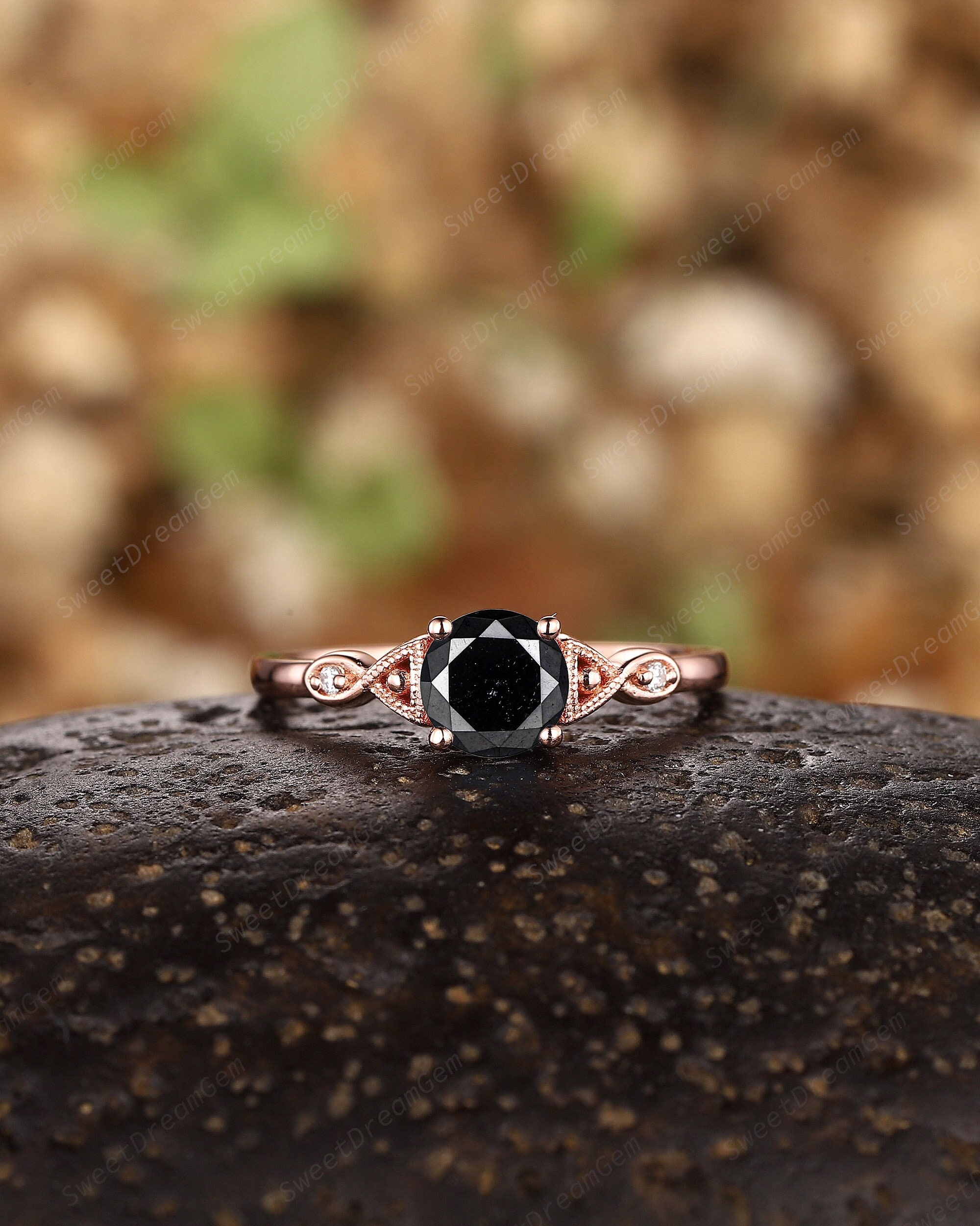 1 CT Roung Shape Natural Black Diamond Engagement Ring, Unique Infinity ...