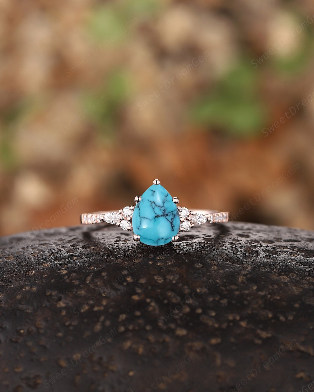Pear Turquoise Engagement Ring Moissanite Cluster Wedding Ring 14k Gold ...