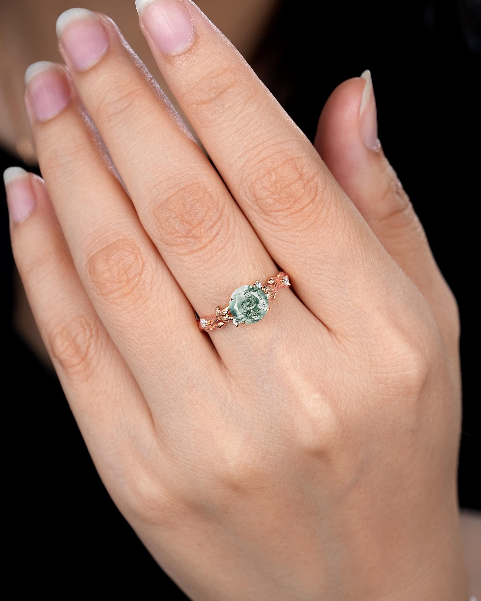 Round Moss Agate Engagement Ring 14k Rose Gold Leaf Nature Inspired ...