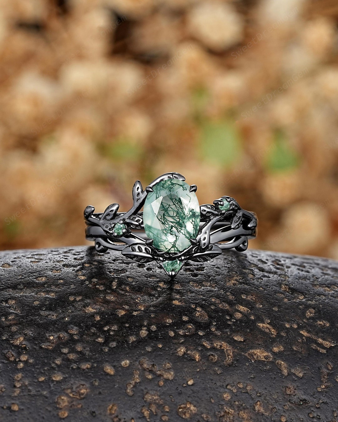 Nature Moss Agate Engagement Ring Set Black Gold Nature Inspired Leaf ...