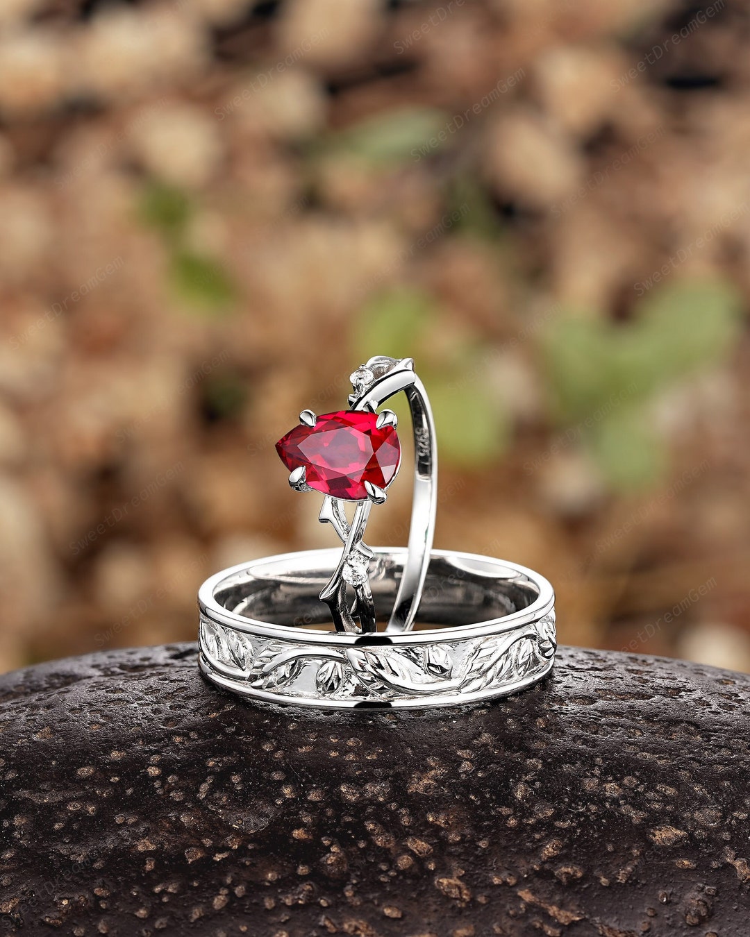 His and Hers Ruby Couple Ring Set Plain Engagement Band Twig - Etsy