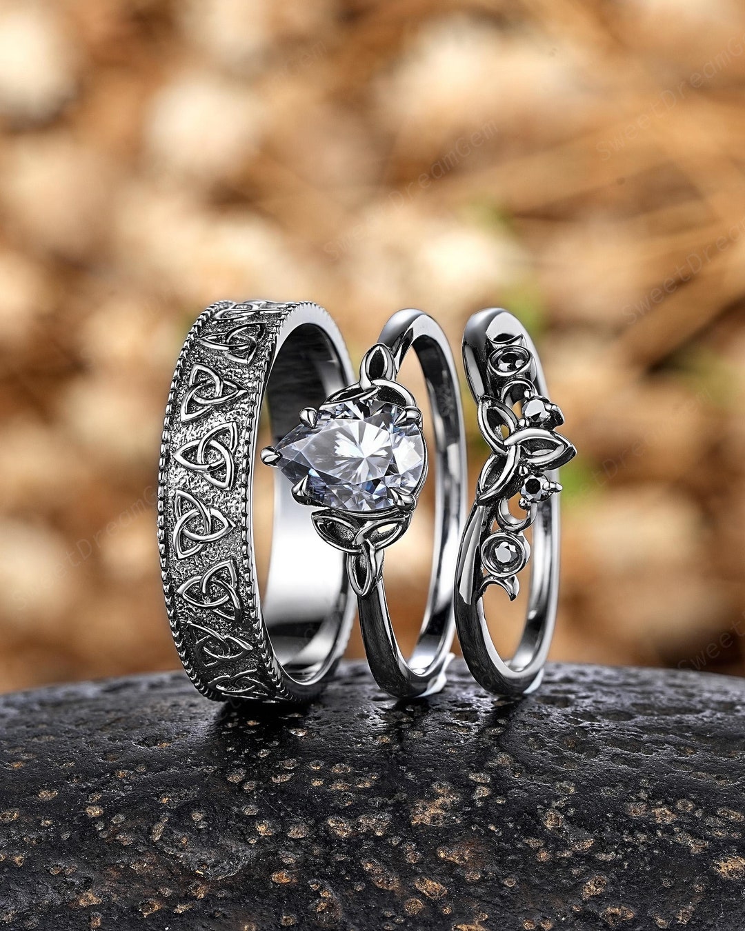 Gothic Black Gold Couple Ring Set Vintage Celtic Wedding Rings for ...