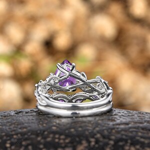 Pear Shaped Purple Sapphire Engagement Ring Set, 14k White Gold Leaf ...