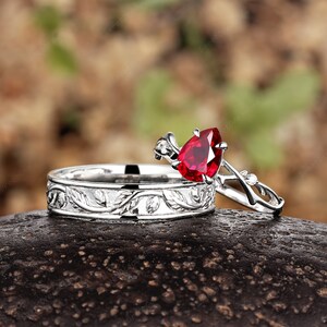 His and Hers Ruby Couple Ring Set, Plain Engagement Band, Twig Branch ...