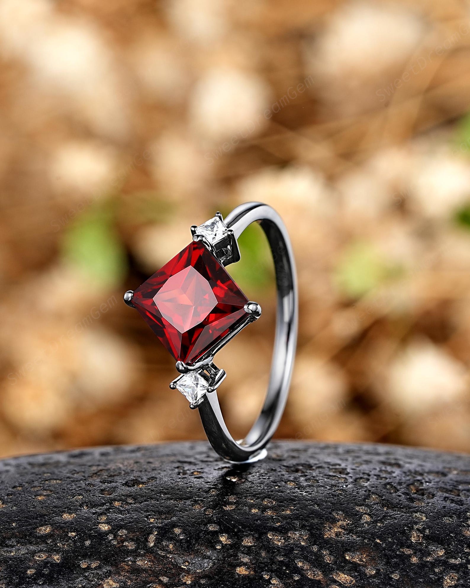 Princess Cut Garnet Engagement Ring, Black Gold Three Stone Wedding ...