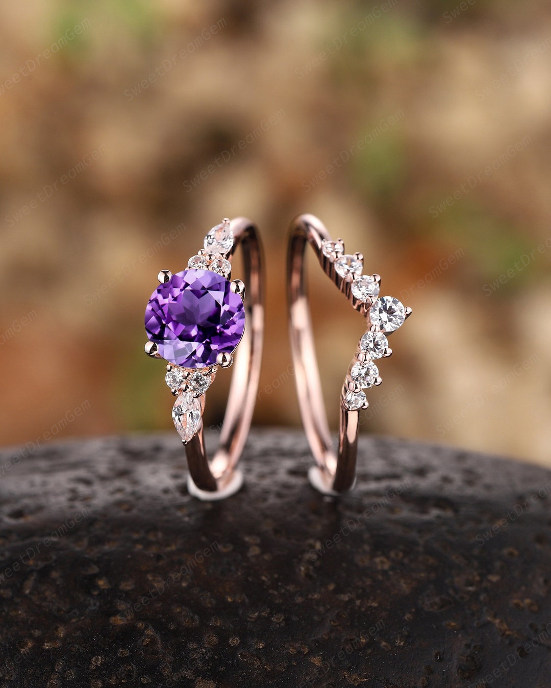 Vintage Round Cut Amethyst Bridal Set, Unique Amethyst Engagement Ring Set, Art Deco 14K Rose ...