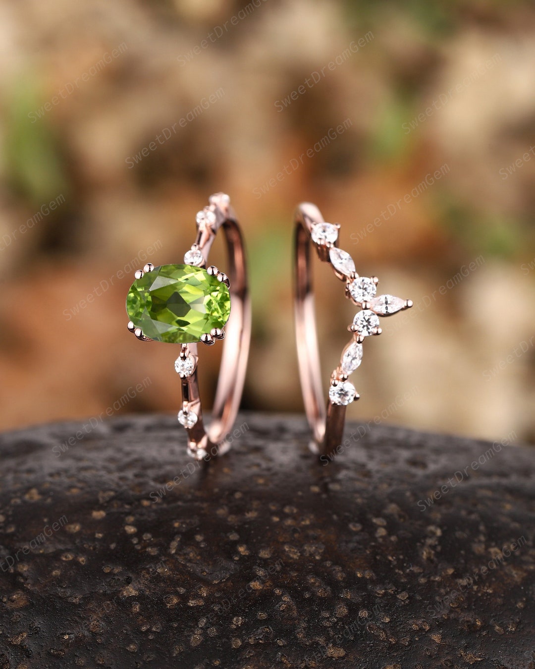 Oval Cut Peridot Engagement Ring Set, Unique Peridot Wedding Promise ...