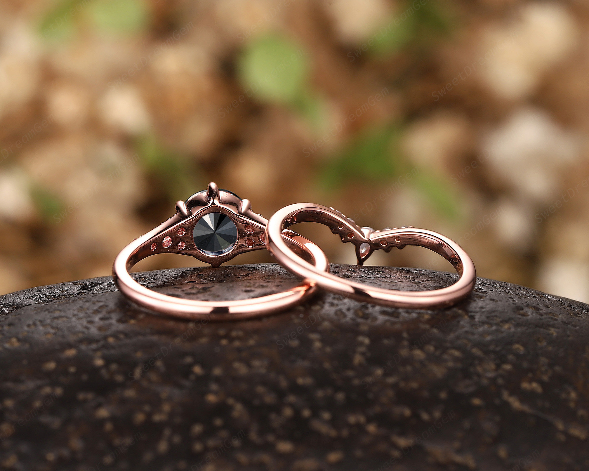 1.5 CT Round Shape Natural Black Diamond Engagement Ring Set, 18K Rose ...