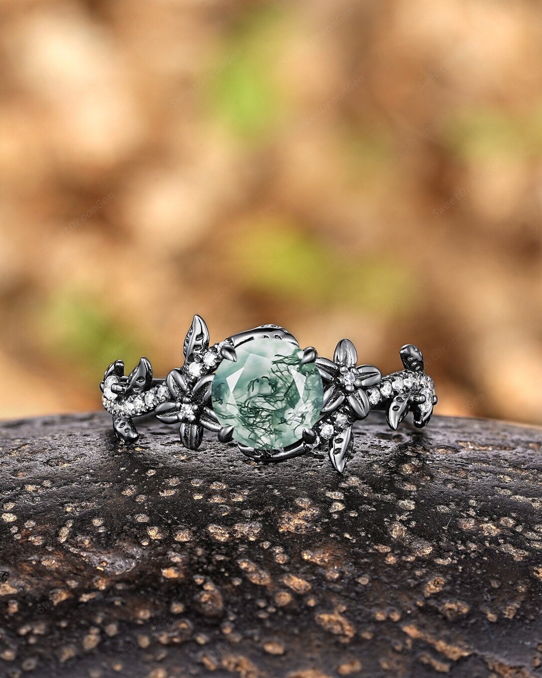 Nature Moss Agate Engagement Ring Black Gold Leaf Floral Moissanite ...