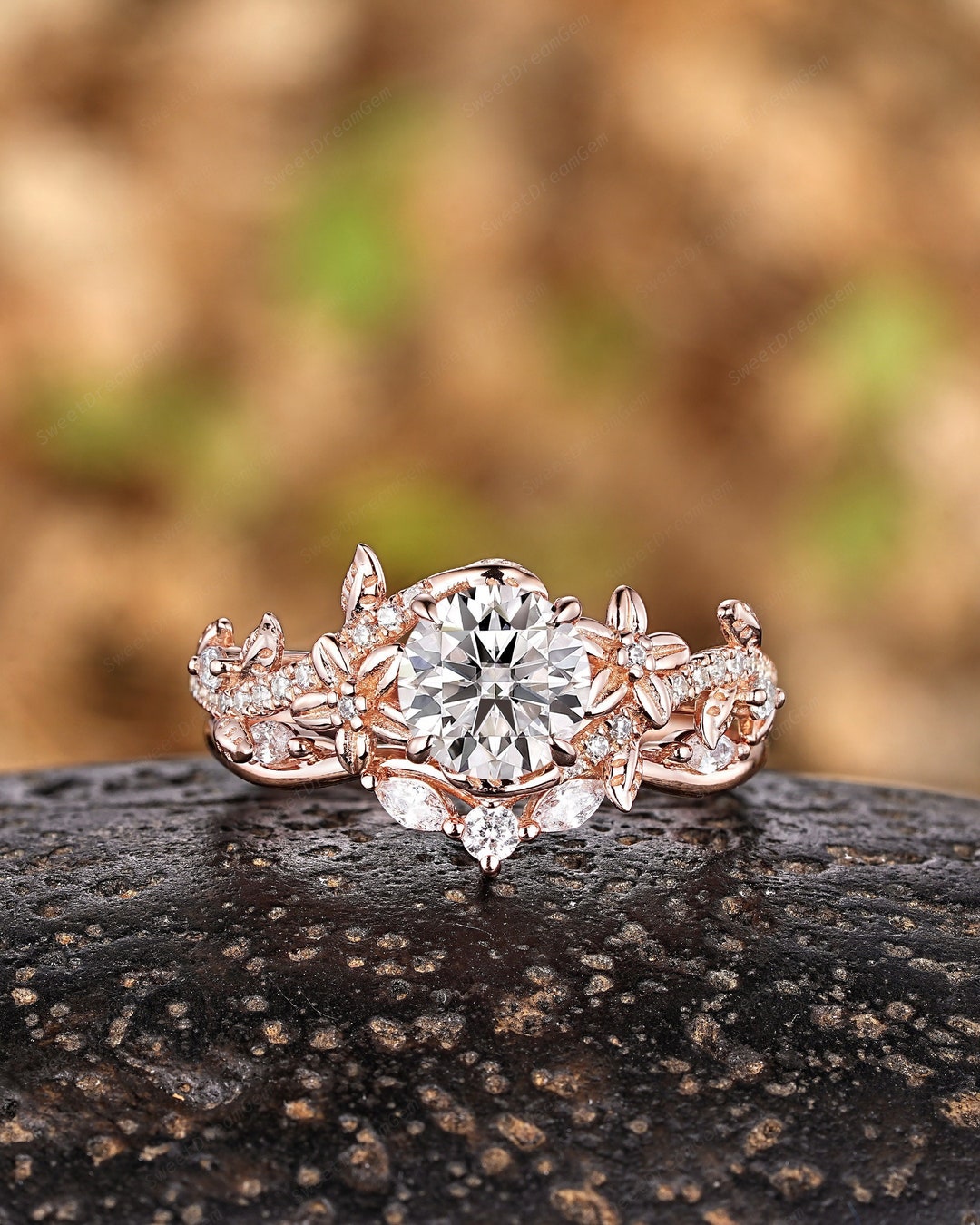 Vintage Round Moissanite Engagement Ring Set Nature Inspired Leaf ...