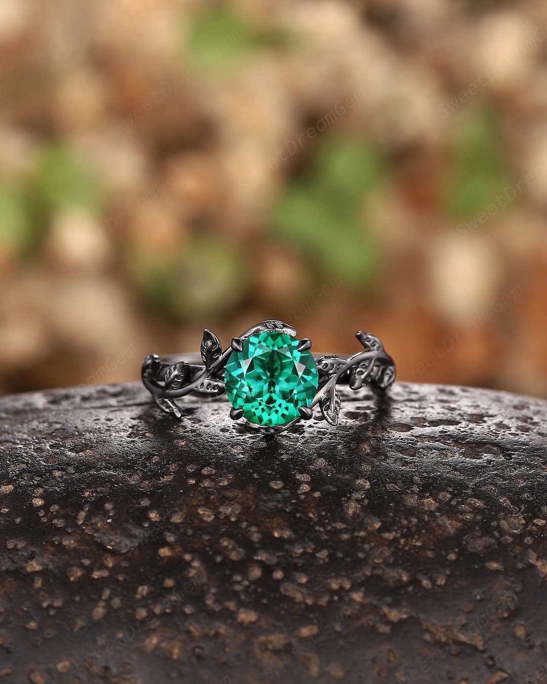Round Shaped Emerald Engagement Ring Black Gold Solitaire Emerald ...
