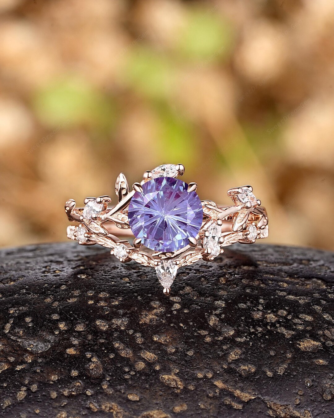 Round Fireworks Cut Alexandrite Engagement Ring Set Custom Nature ...