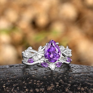 Pear Shaped Purple Sapphire Engagement Ring Set, 14k White Gold Leaf ...