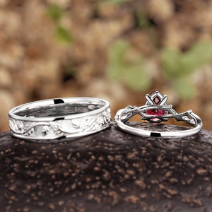 His and Hers Ruby Couple Ring Set, Plain Engagement Band, Twig Branch ...